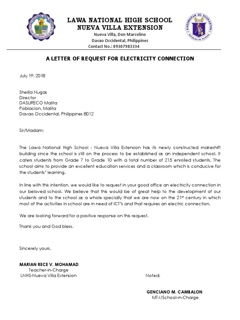Lawa National High School Nueva Villa Extension: A Letter of Request ...