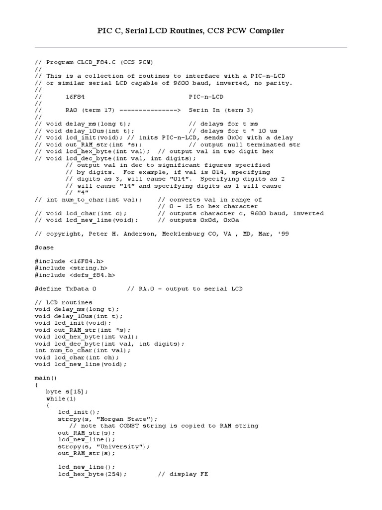 PIC C, Serial LCD Routines, CCS PCW Compiler PDF | PDF | Integer ...
