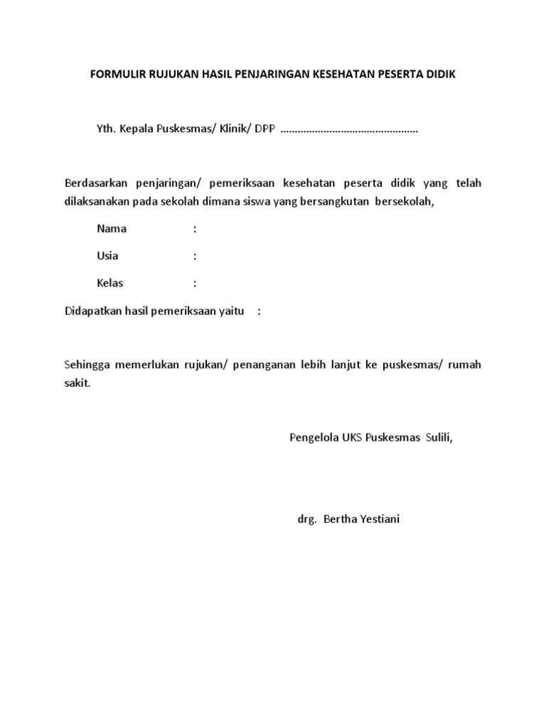 Formulir Rujukan Hasil Penjaringan Kesehatan Peserta Didik | PDF
