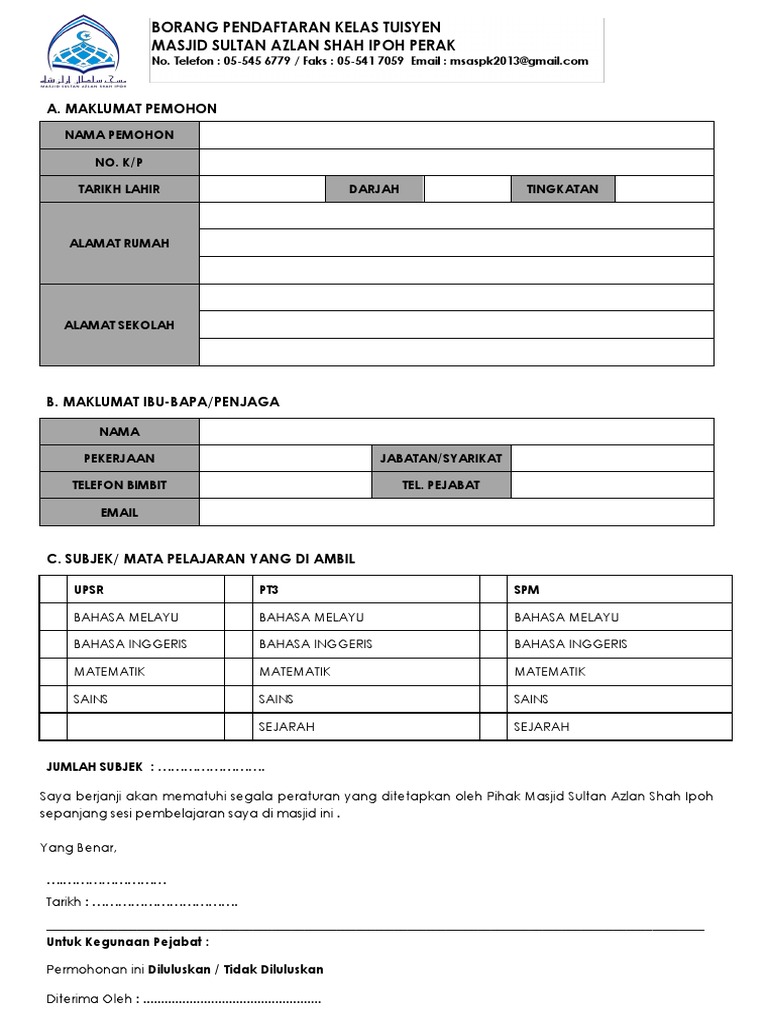 Borang Kelas Tuisyen Msas | PDF