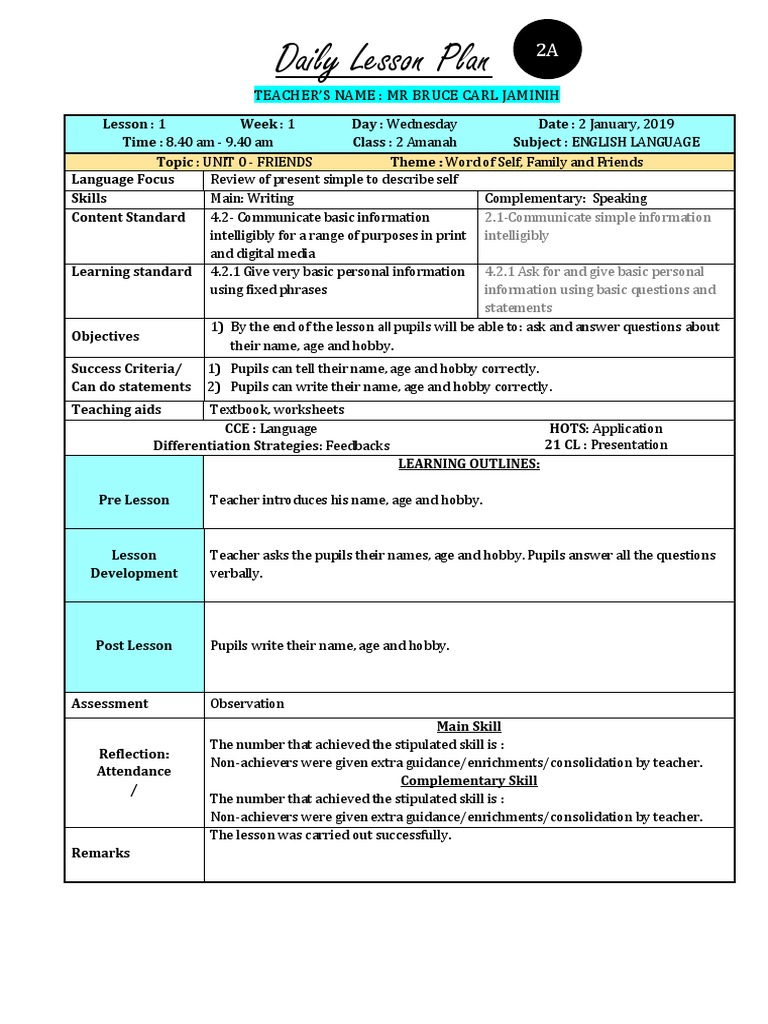 Daily Lesson Plan: Teacher'S Name: MR Bruce Carl Jaminih | PDF | Lesson ...