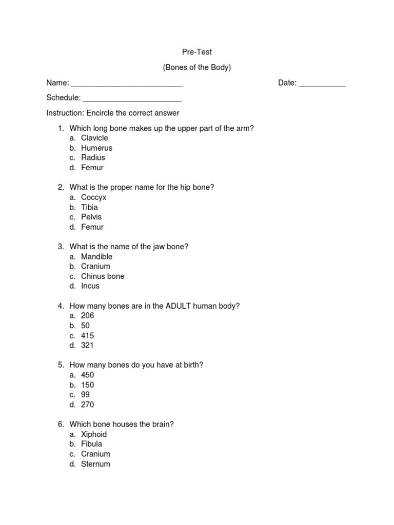Anatomy Identification: A Pre-Test on the Bones of the Human Body | PDF ...