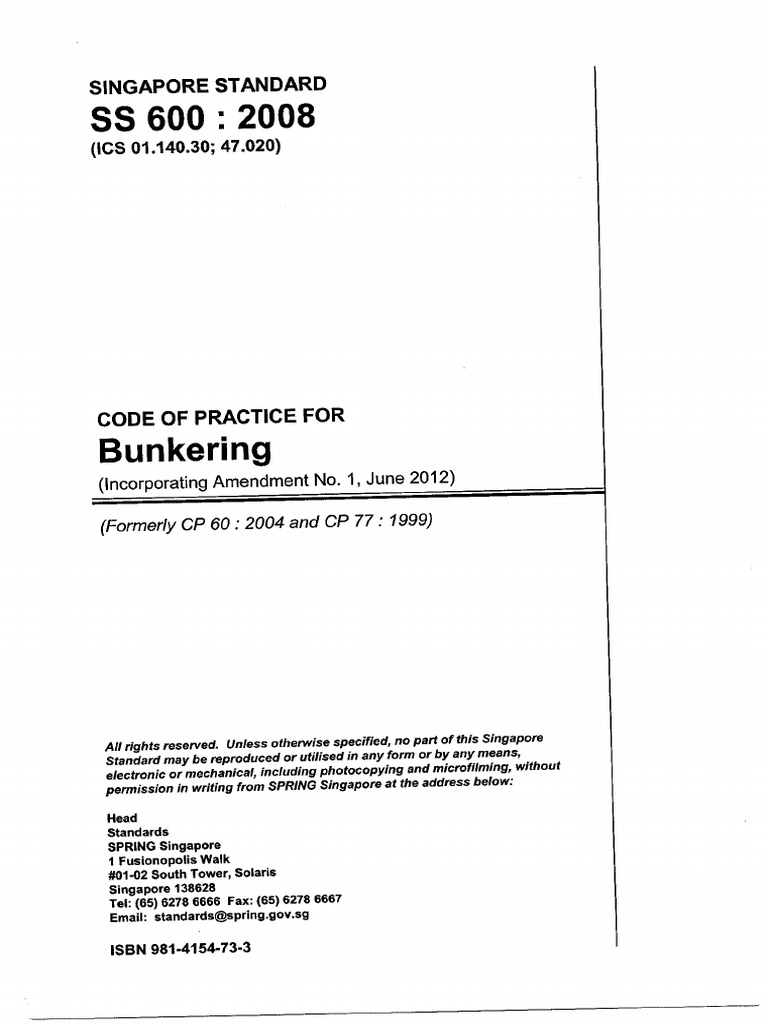 SS 600 - Code of Practice For Bunkering PDF | PDF