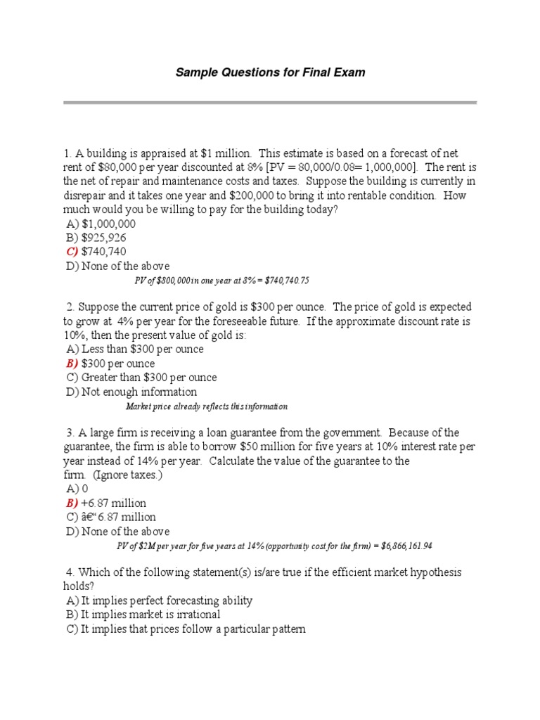 Sample Questions For Final Exam | PDF | Capital Structure | Stocks
