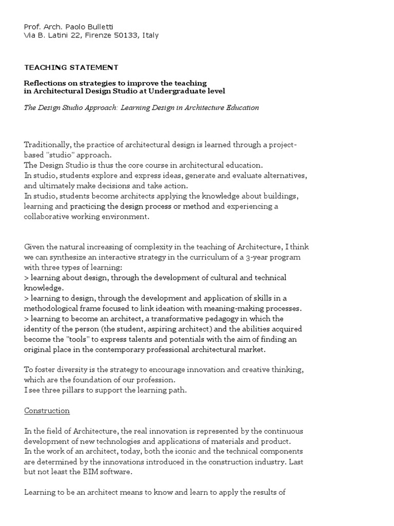 Teaching Statement | PDF | Design | Architect