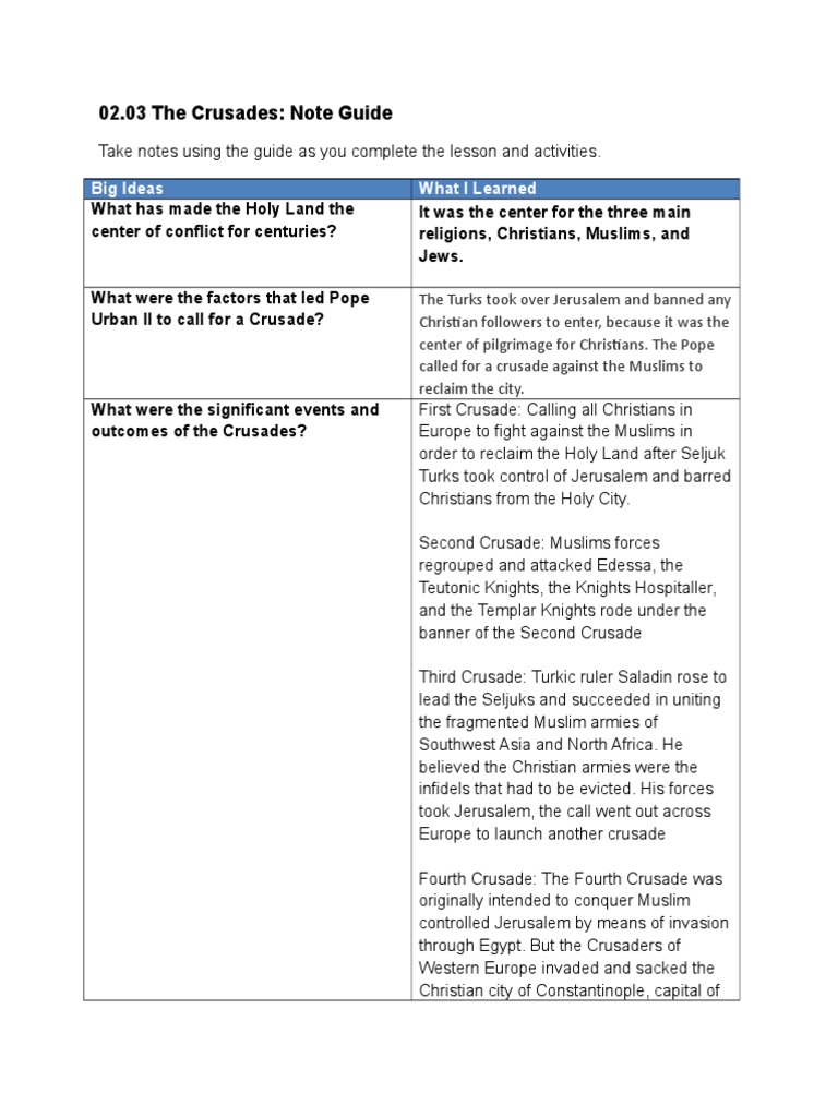 02.03 The Crusades: Note Guide: Big Ideas What I Learned | PDF ...