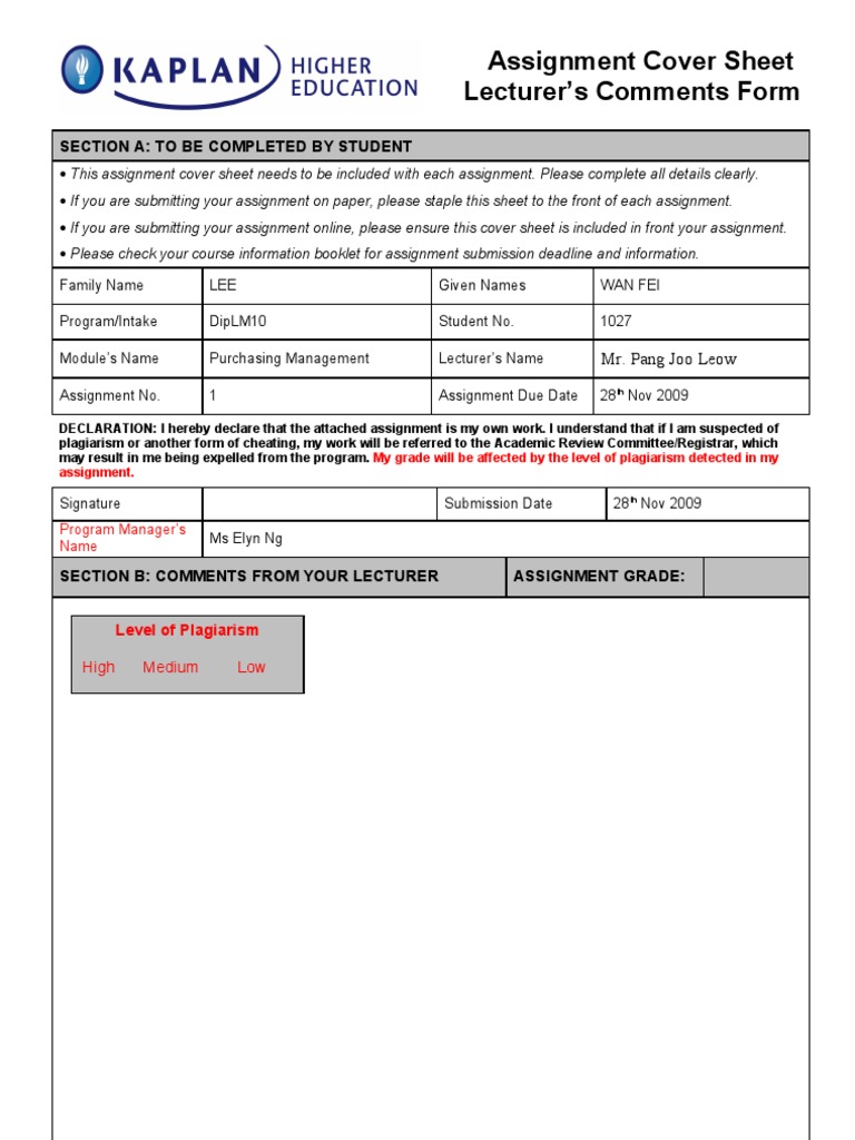 Assignment Cover Sheet Lecturer's Comments Form: Section A: To Be ...