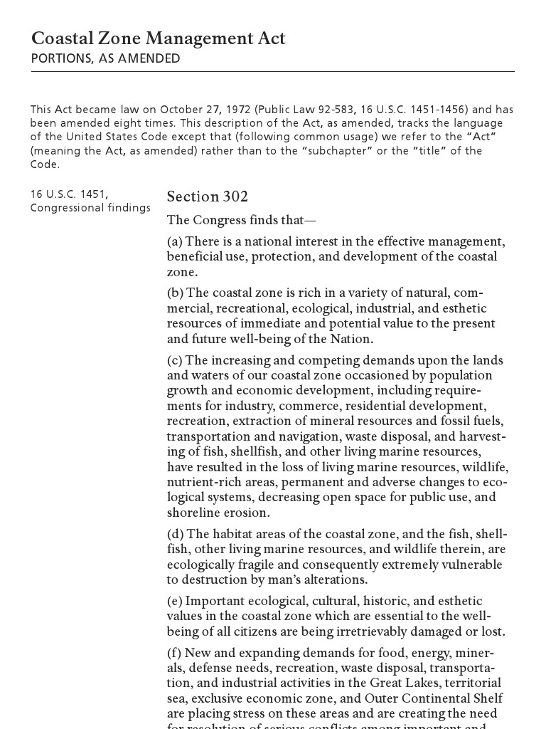 Coastal Zone Management Act Overview | PDF | Federal Government Of The ...