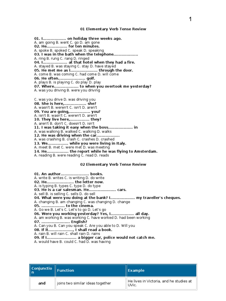 Elementary Verb Tense and Conjunctions Review | PDF | Grammar | Syntax