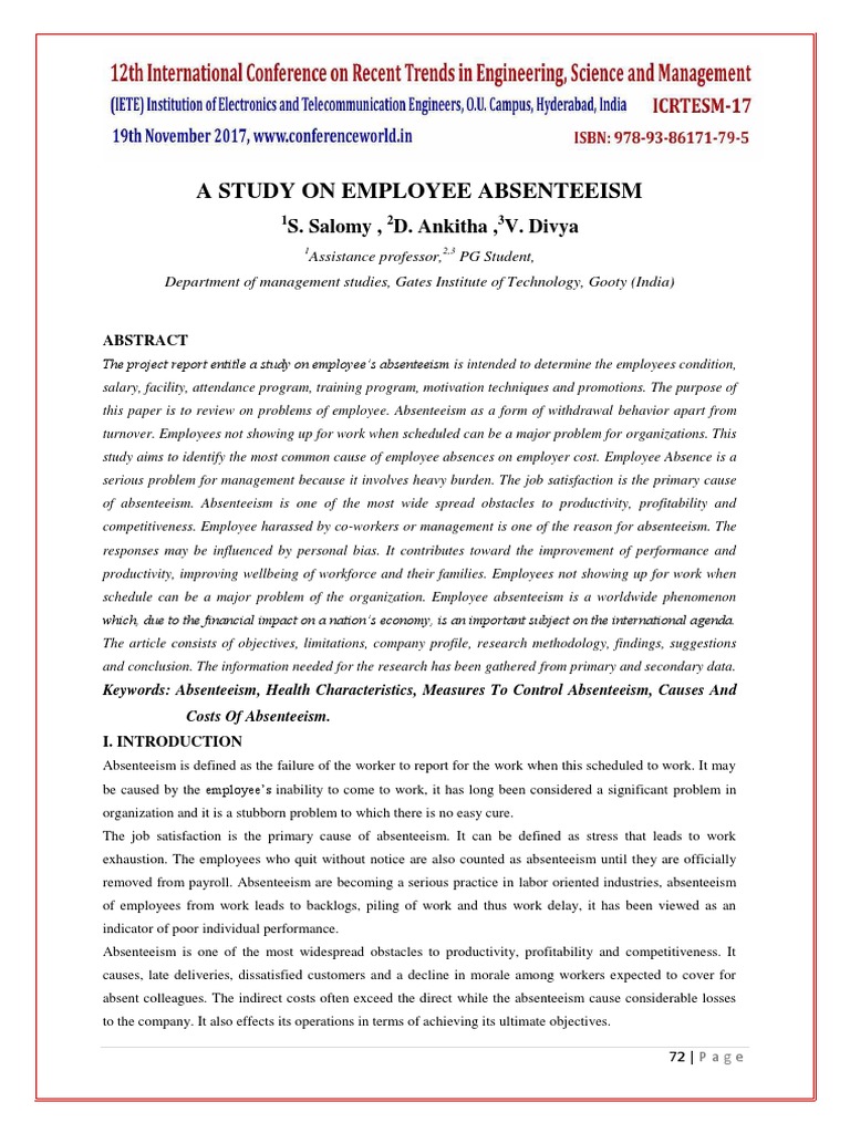 Absenteeism of Employees Objectives | PDF | Employment | Motivation