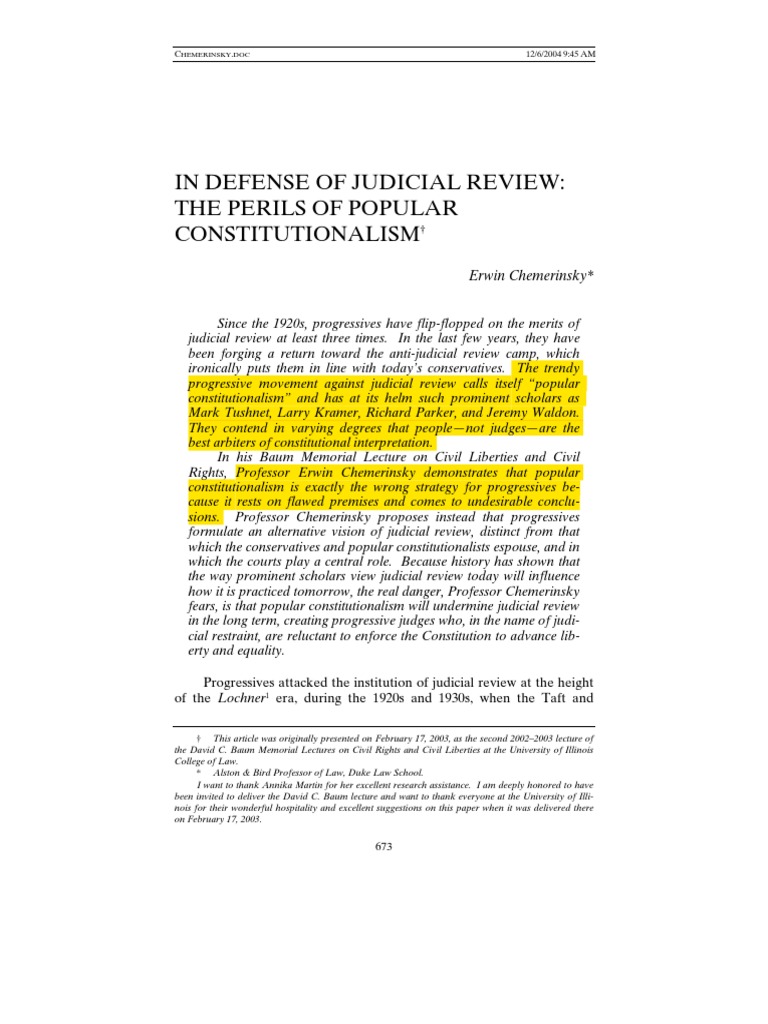 Erwin Chemerinsky. in Defense of Judicial Review. The Perils of Popular ...