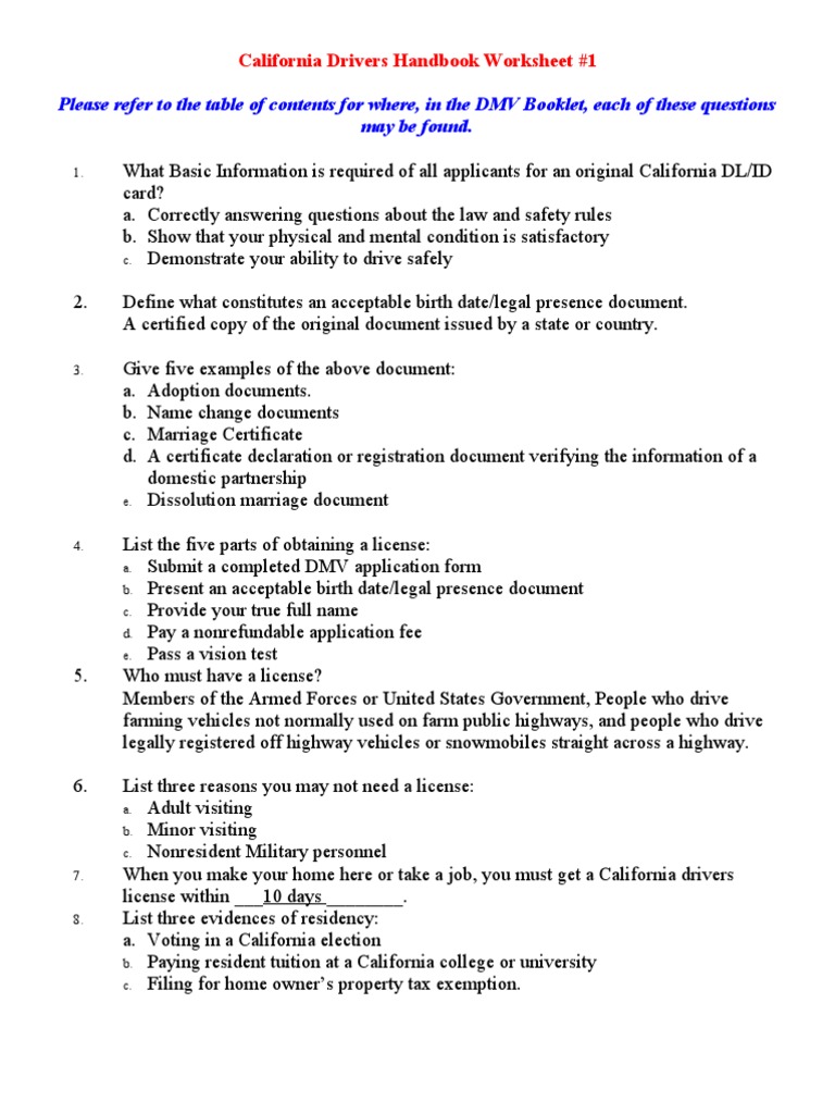 California Driver's Handbook Worksheet | PDF | Department Of Motor ...