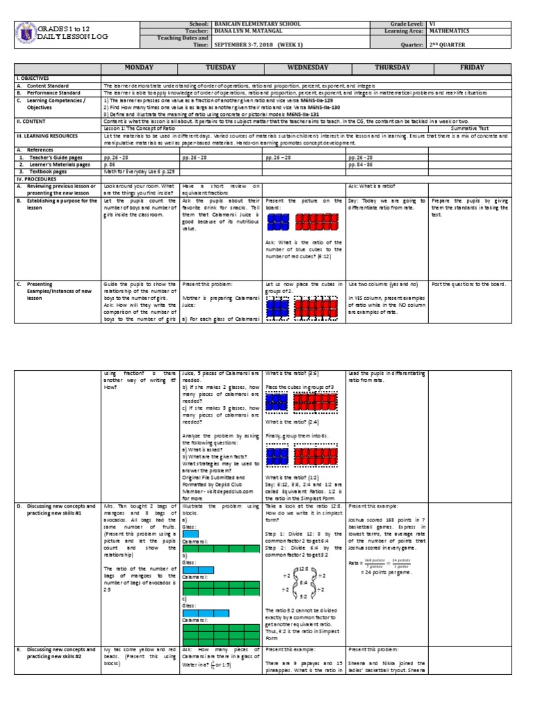 Mathematics Lesson Plan on Ratios, Proportions, and Equivalent ...