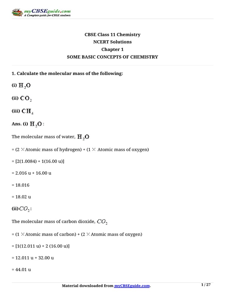 CBSE Class 11 Chemistry NCERT Solutions Some Basic Concepts of Chemistry | PDF | Mole (Unit ...
