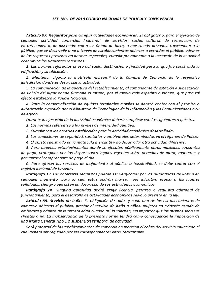 Artículo 87 LEY 1801 de 2016 | Policía | Gobierno