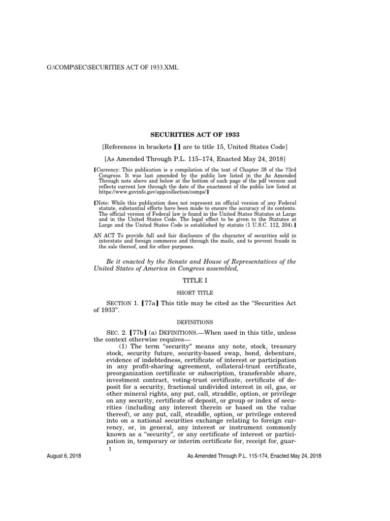 Securities Act of 1933 | PDF | Securities Act Of 1933 | Securities ...