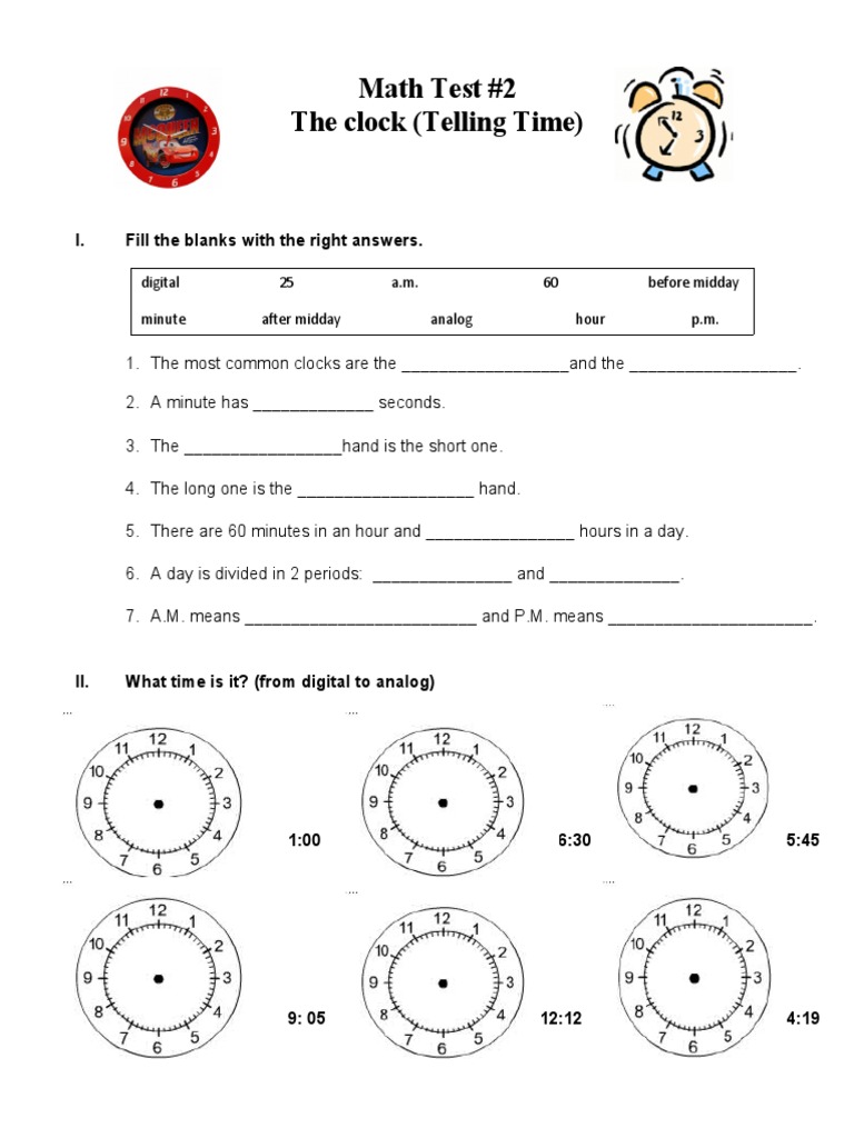 Math Test #2 (The Clock) | PDF
