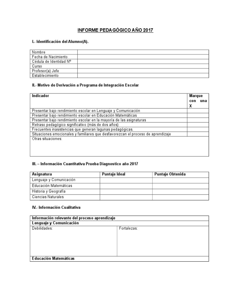 Formato Informe Pedagógico (Profesor de Aula)