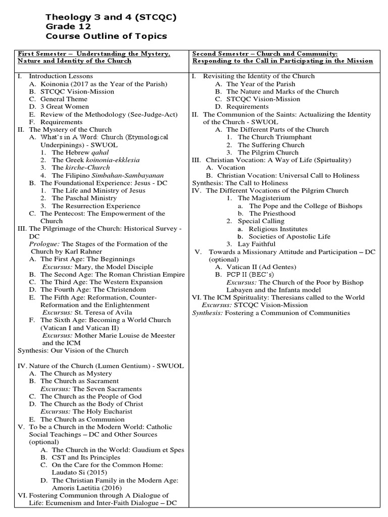 Grade 12 Theology Course Outline on Church Identity and Mission | PDF ...