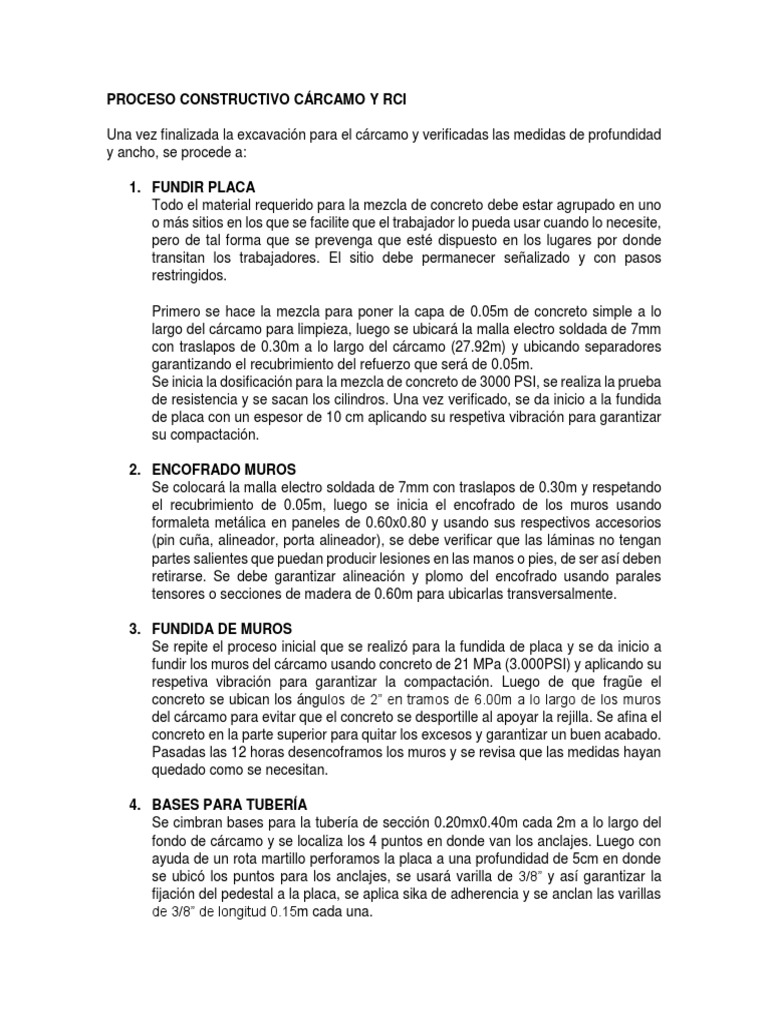Proceso Constructivo Cárcamo y Rci | PDF | Hormigón | Materiales de construcción