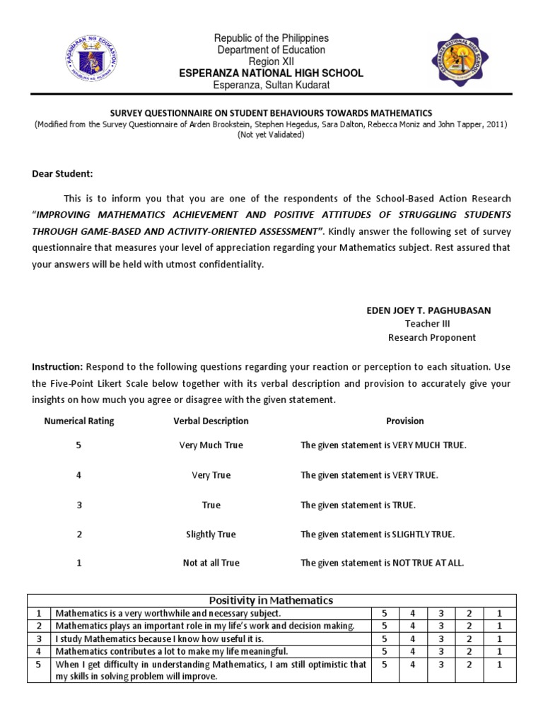 Student Attitudes Towards Mathematics Survey | PDF | Teaching ...
