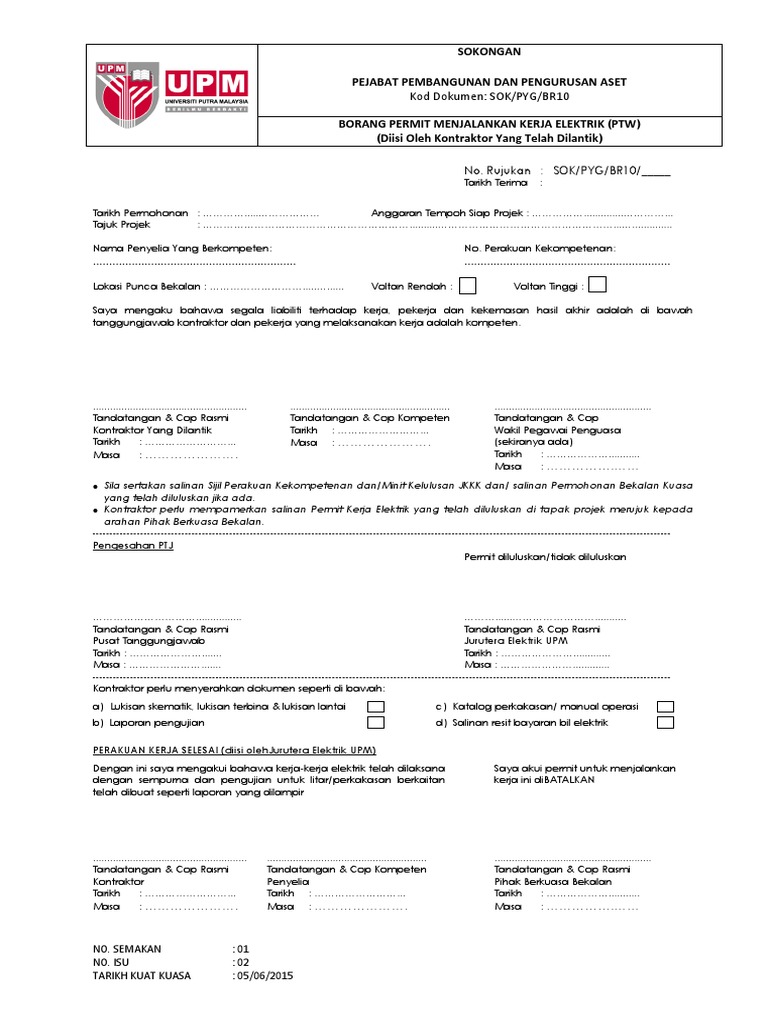 Borang Permit Menjalankan Kerja Elektrik PTW - 05062015 | PDF