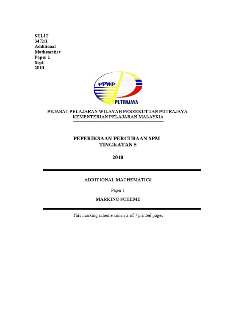 SPM WP Addmath P1 2010 Ans | PDF | Mathematics | Teaching Mathematics