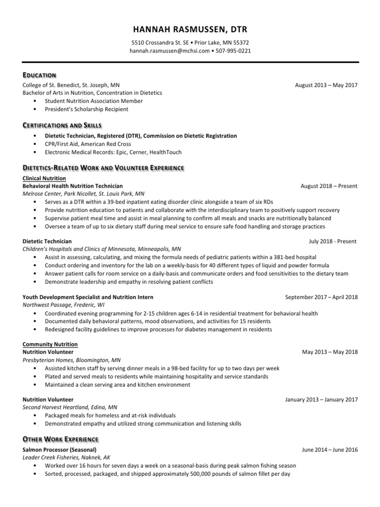 Hannah Rasmussen, DTR | PDF | Dietitian | Health Care