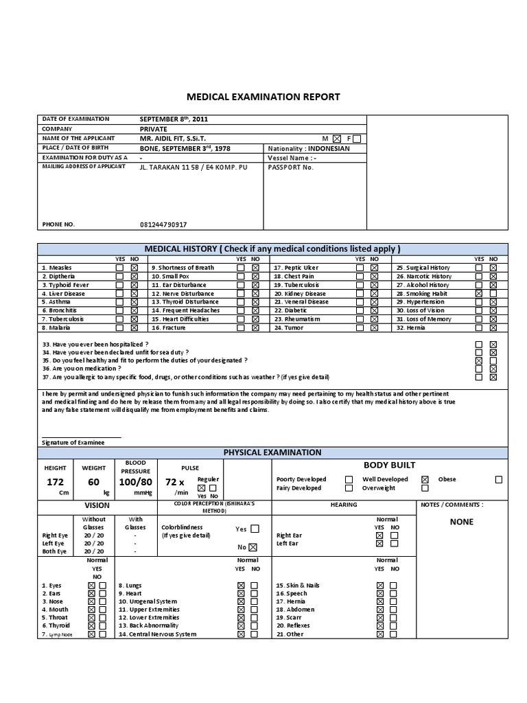Medical Examination Report (Aidil Fit) | PDF | Physical Examination ...