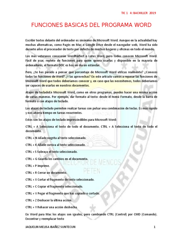 Funciones Basicas Del Programa Word | Microsoft Word | Microsoft