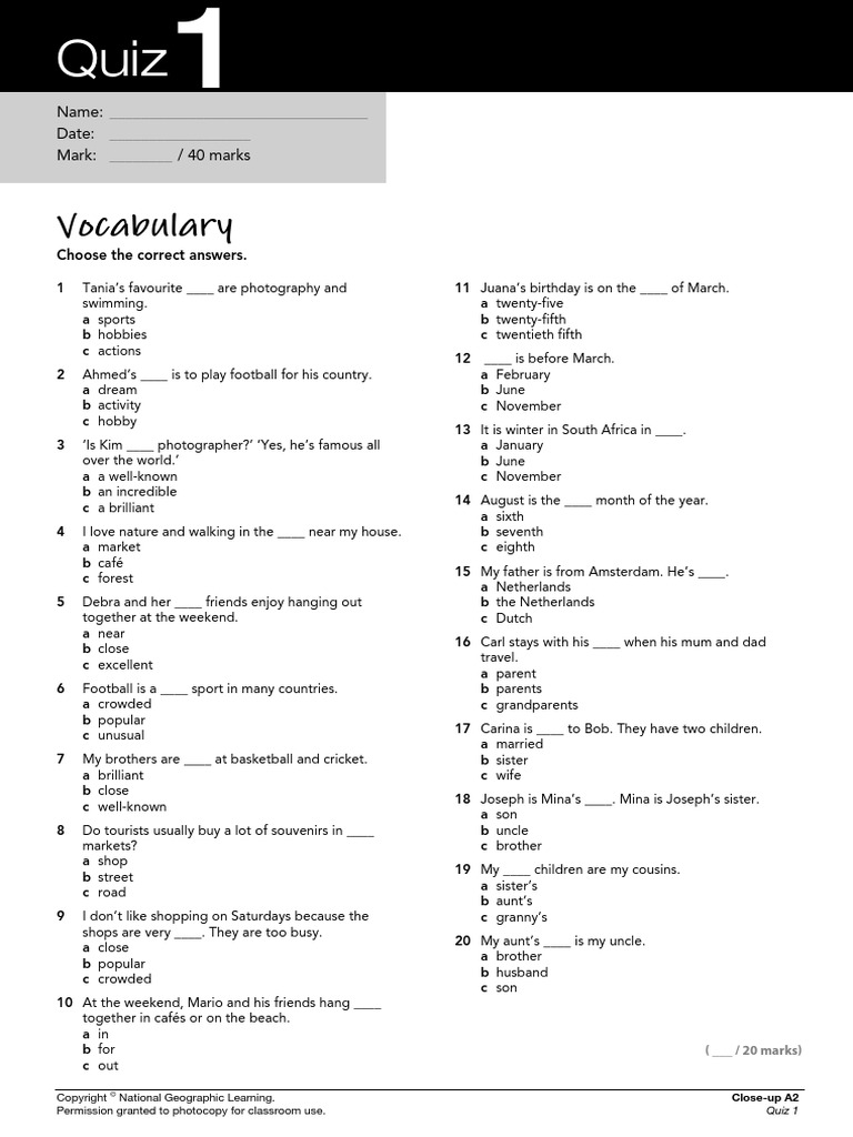 Close Up A2 - Quiz 1 | PDF