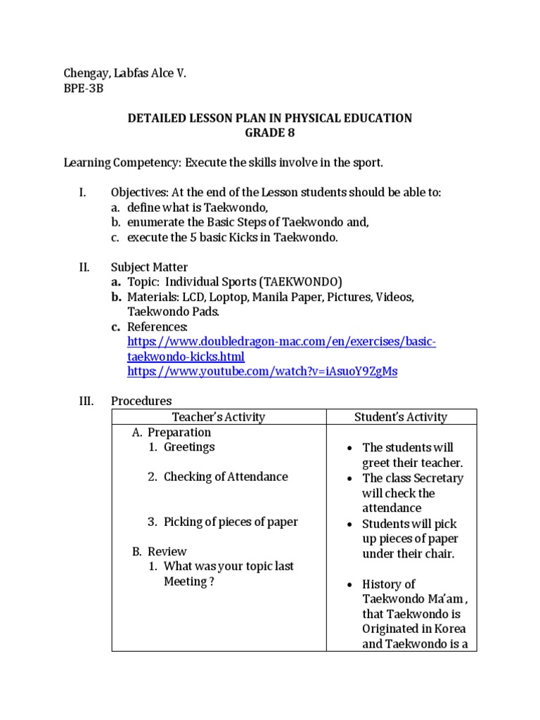 Detailed Lesson Plan in Physical Education Grade 8: Taekwondo-Kicks ...
