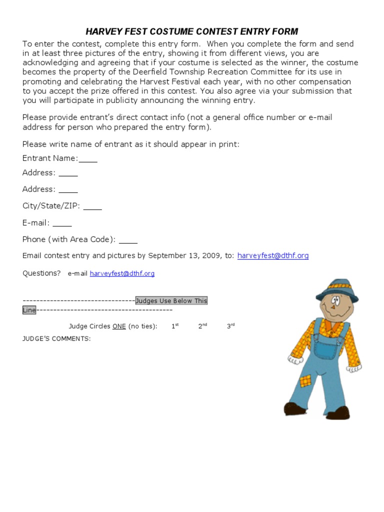 Harvey Fest Costume Contest Entry Form: Email Contest Entry and ...