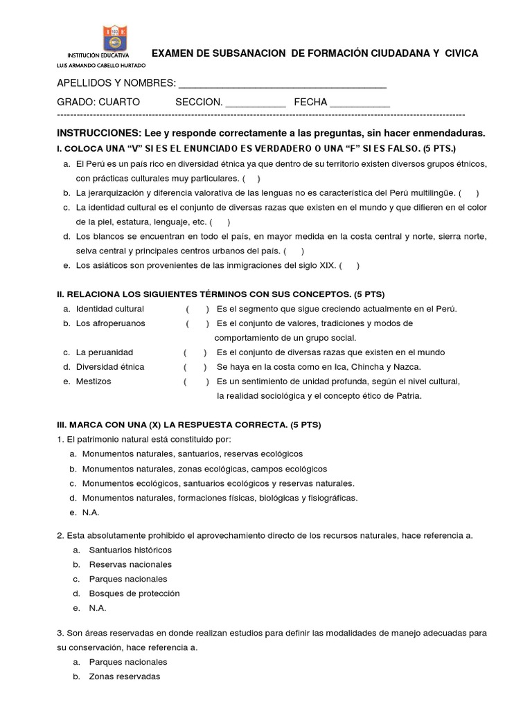 Examen De Subsanacion De Formación Ciudadana Y Civica Pdf Andes