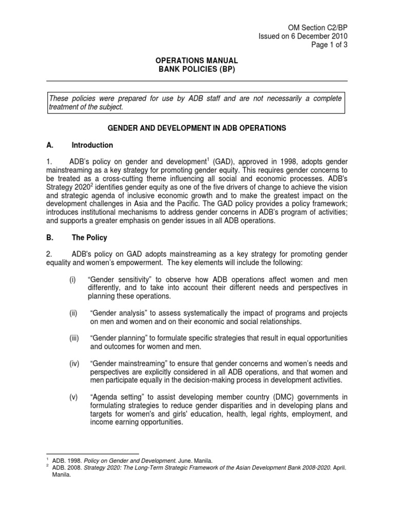Operations Manual Bank Policies (BP) | PDF | Gender And Development ...