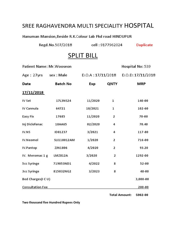 Sree Raghavendra Multi Speciality Hospital Bill Details | PDF