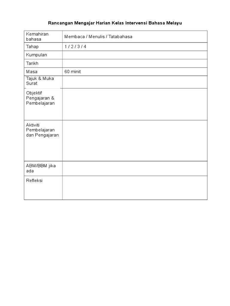 FORMAT RPH INTERVENSI BM - Odt | PDF