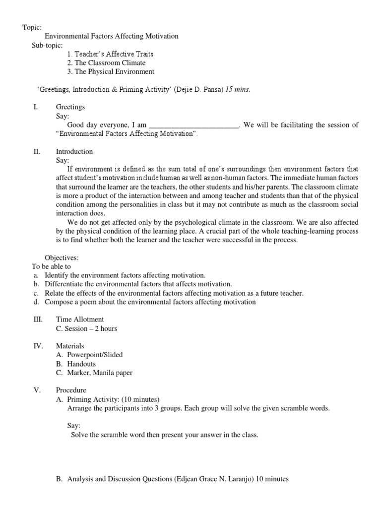 Group 6 Session Guide Environmental Factors Affecting Motivation | PDF ...