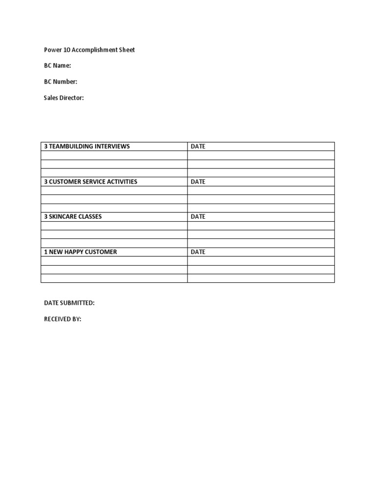 Power 10 Accomplishment Sheet | PDF