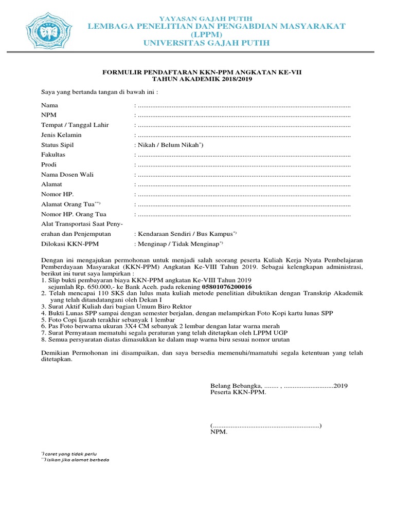 Formulir Pendaftaran KKN | PDF