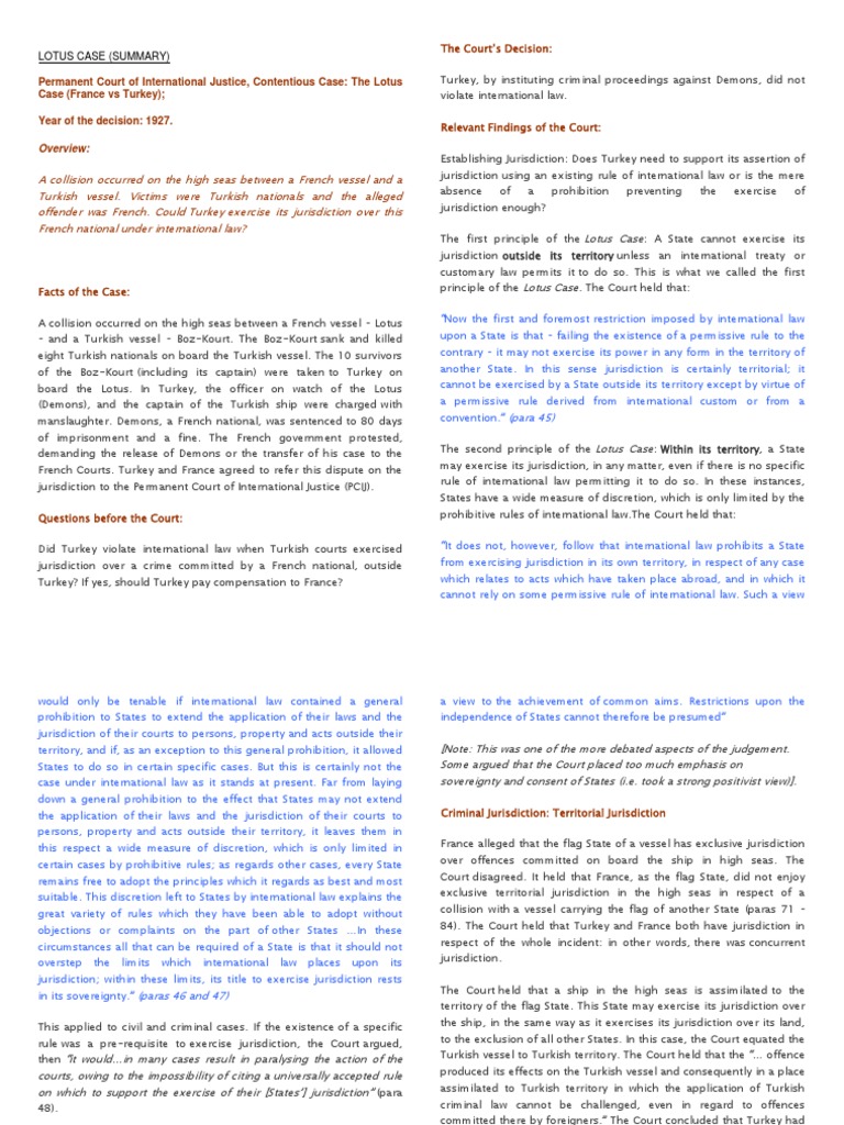 Permanent Court of International Justice, Contentious Case: The Lotus ...