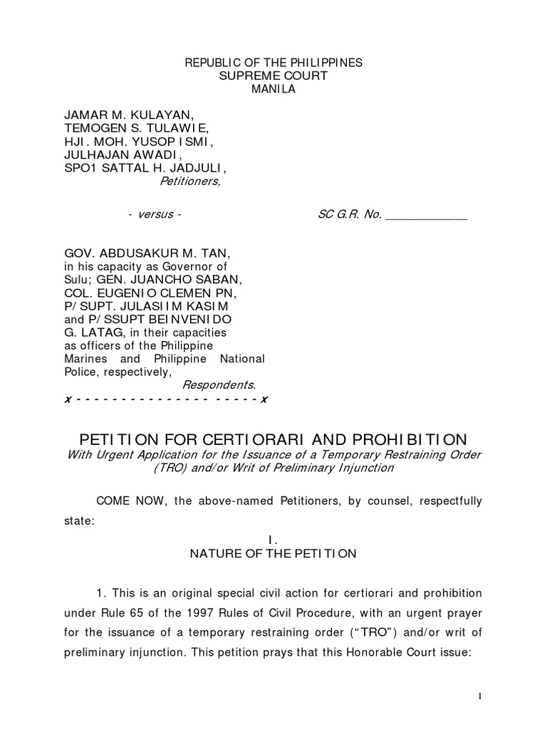 Petition For Certiorari Prohibition On State of Emergency in Sulu | PDF | Standing (Law) | Mandamus