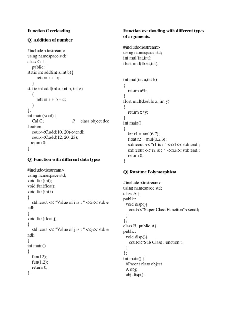 Function Overloading Q) Addition of Number Function Overloading With ... Function Overloading Q) Addition of Number Function Overloading With ...