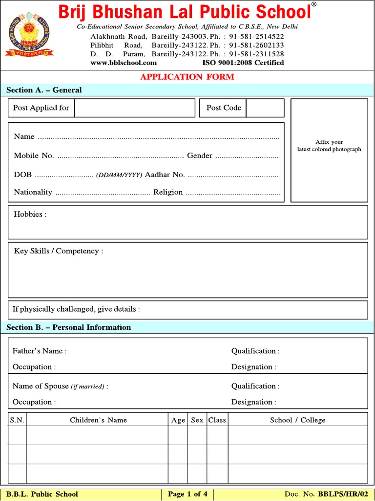 BBL Teachers Application Form | PDF