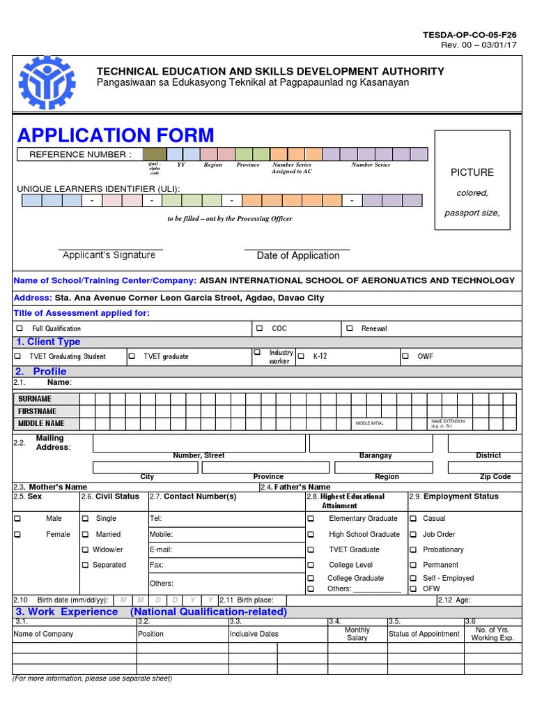 Application Form: Technical Education and Skills Development Authority ...
