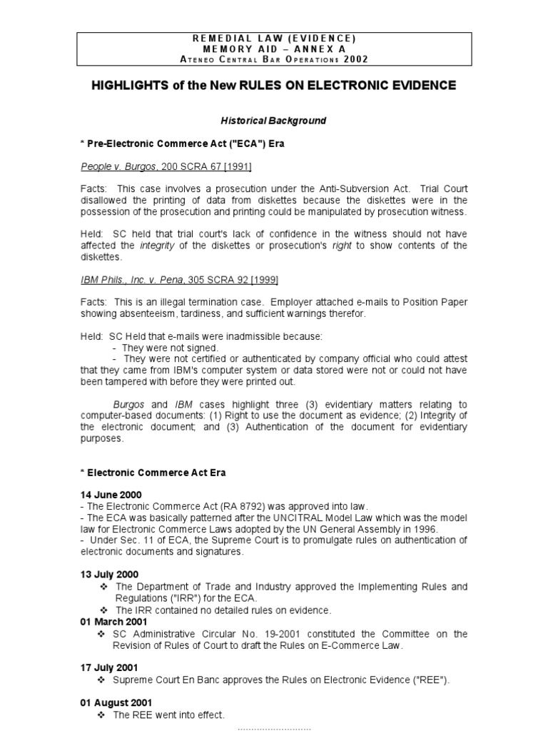 Remedial Law - Evidence, Electronic Evidence (Memory Aid) | Download Free PDF | Affidavit ...