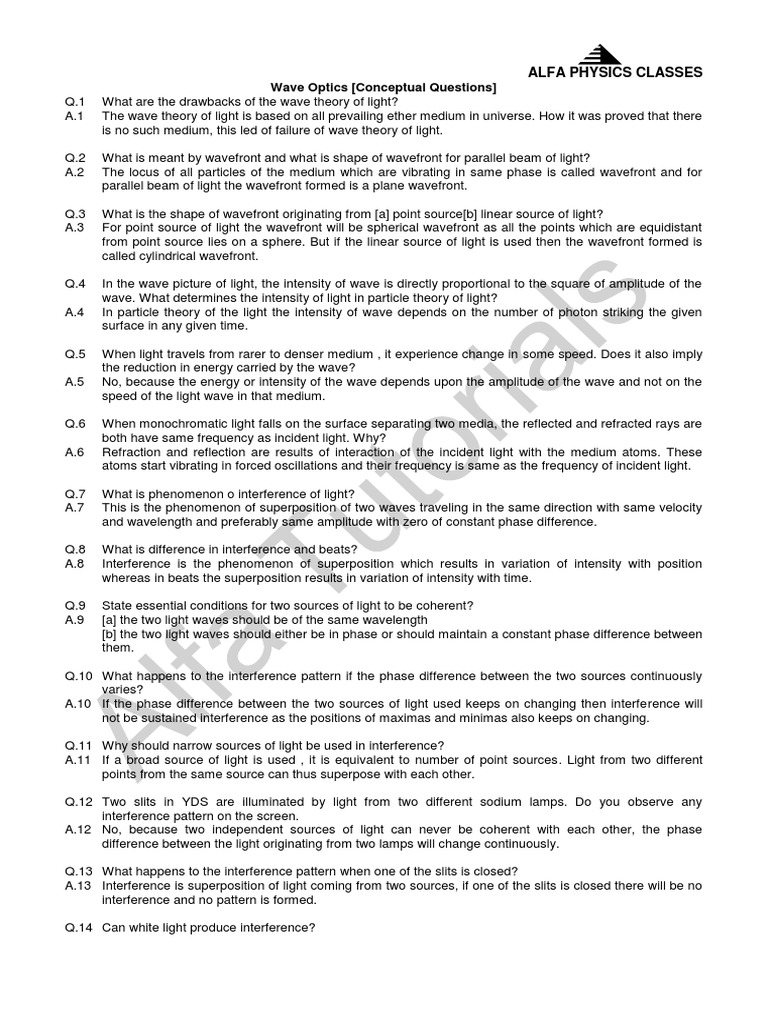 Wave Optics (Conceptual Questions) : Alfa Physics Classes | PDF ...