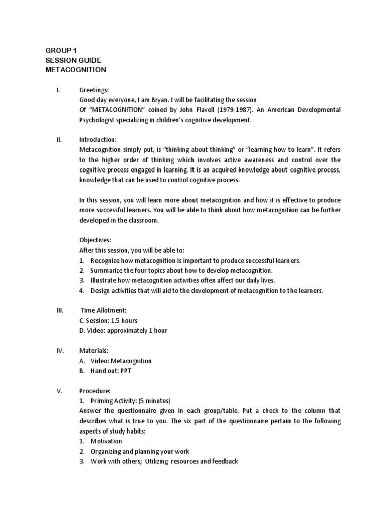 Group 1 Session Guide Metacognition | PDF | Metacognition | Motivation