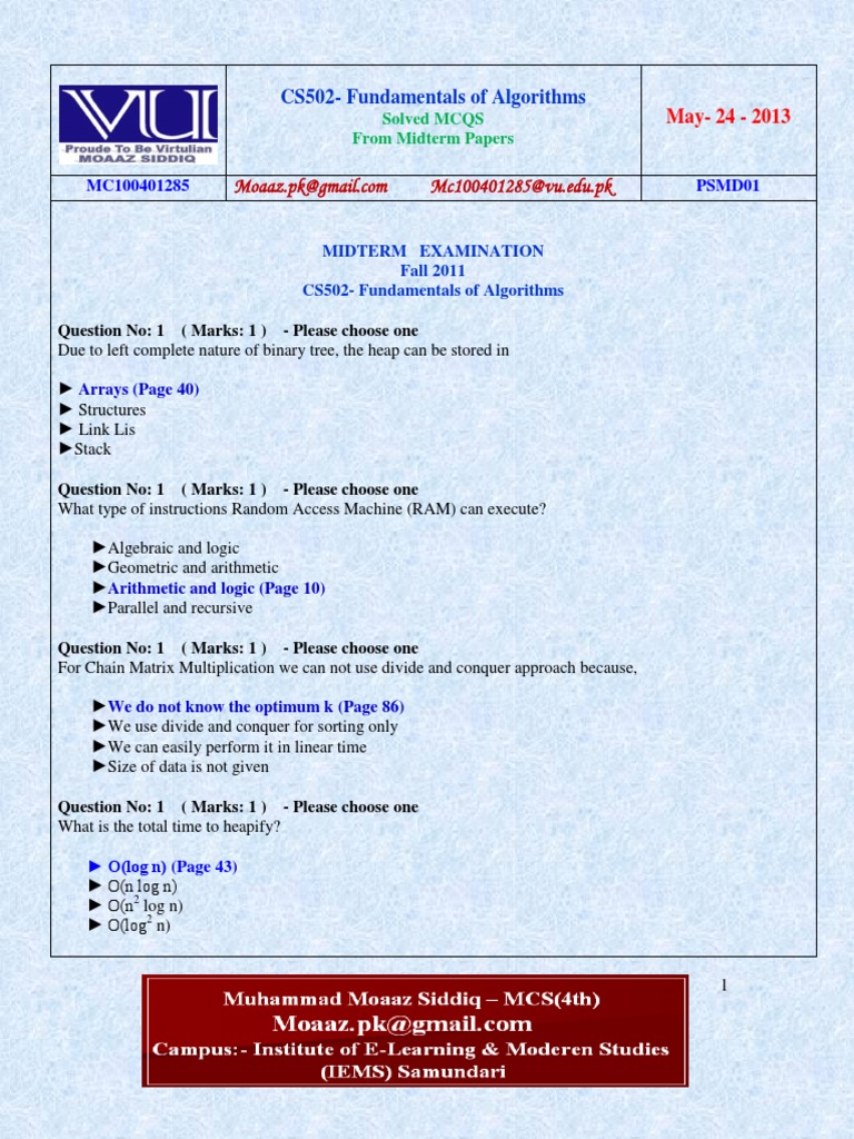 CS502 - Midterm Solved Mcqs With References by Moaaz PDF | PDF | Time Complexity | Logarithm