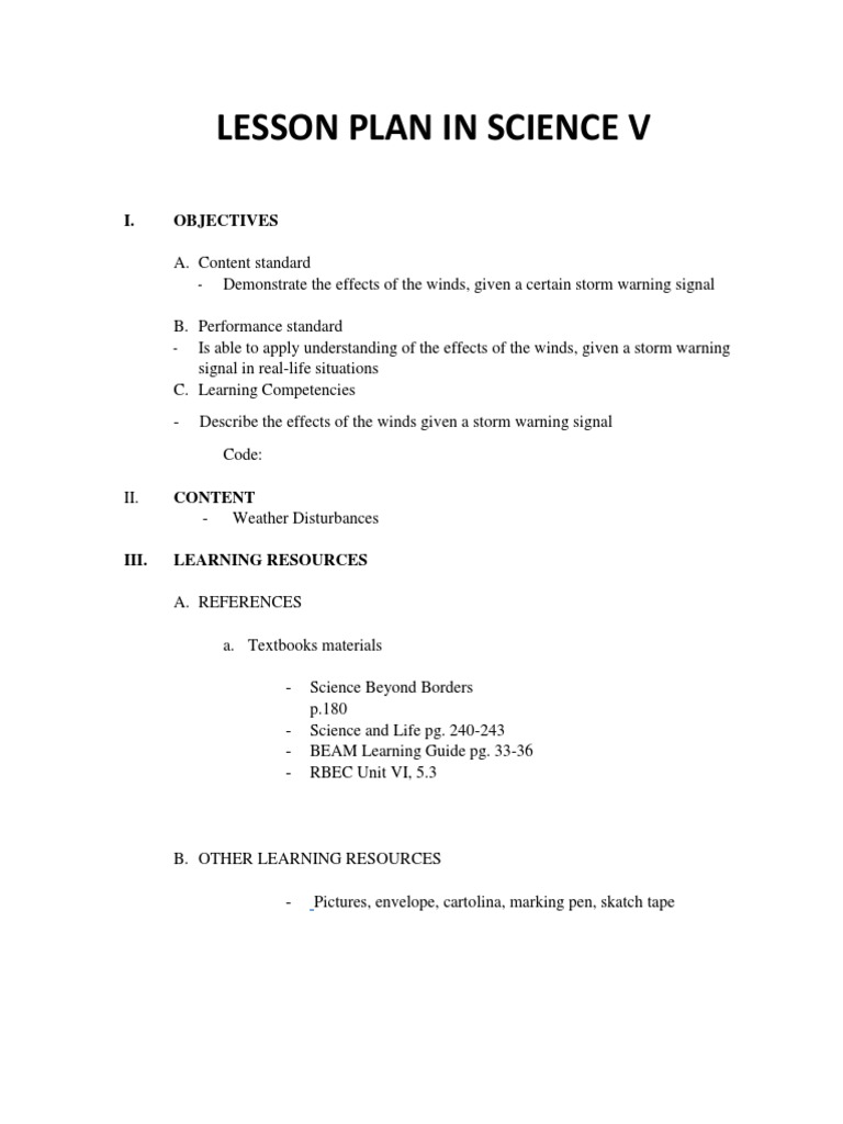 Lesson Plan in Science V: I. Objectives | PDF | Weather | Tropical ... Lesson Plan in Science V: I. Objectives | PDF | Weather | Tropical ...